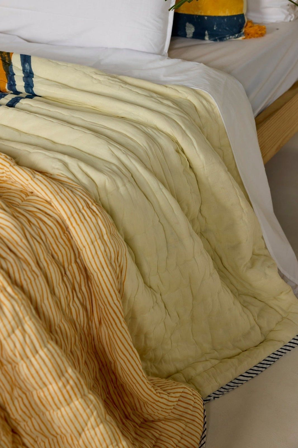 Hand-Printed Spiral Sunset Quilt | Reversible Yellow, Cream & Blue ...