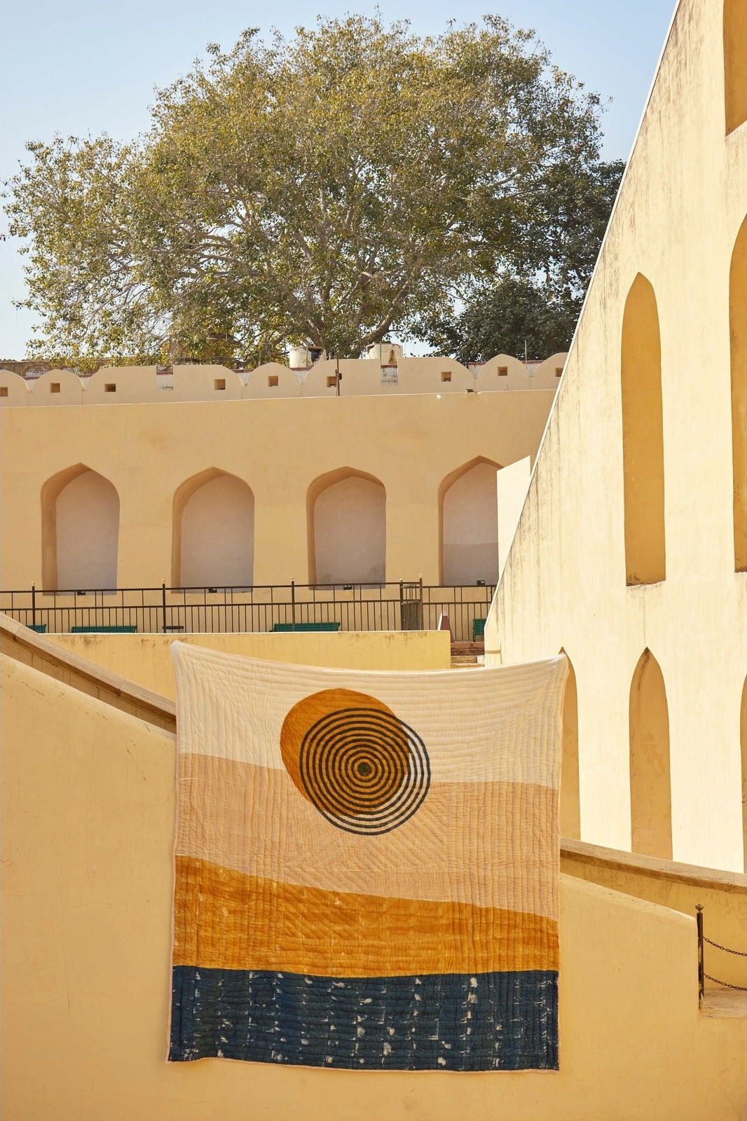 Hand-Printed Spiral Sunset Quilt | Reversible Yellow, Cream & Blue ...